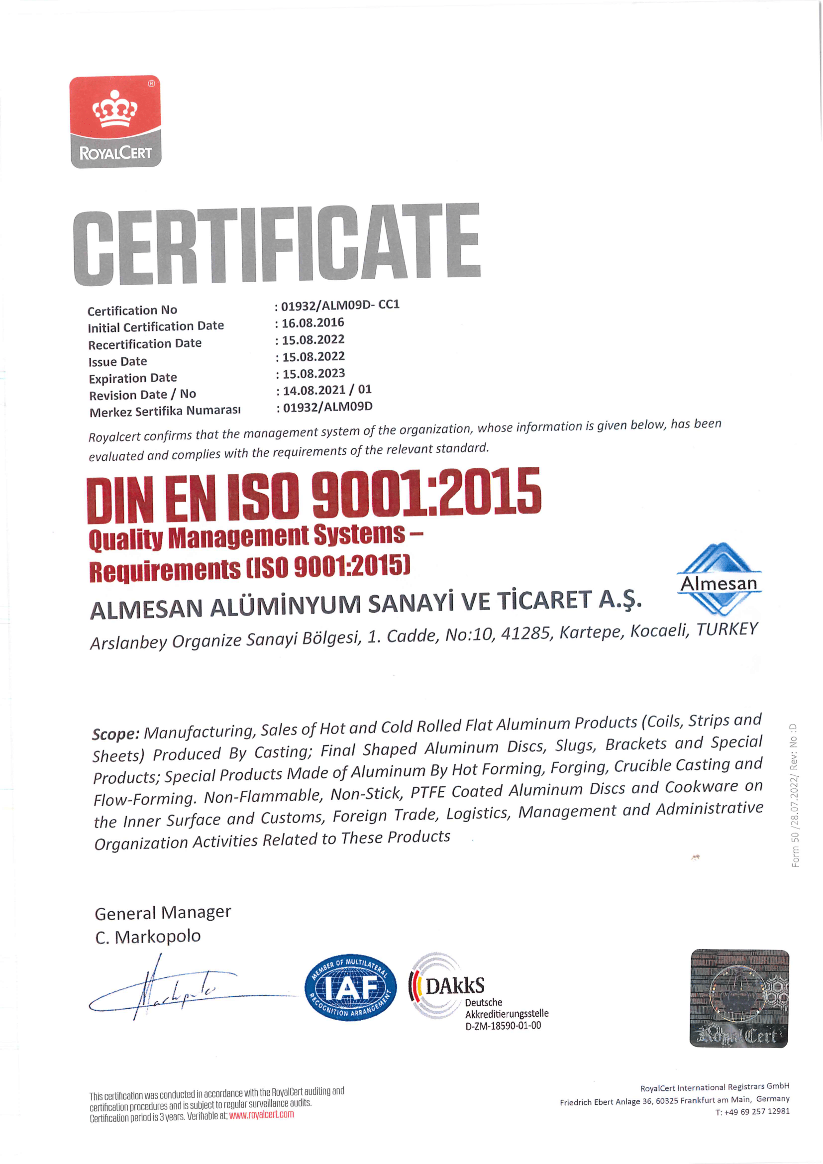 Certificates – Almesan Alüminyum