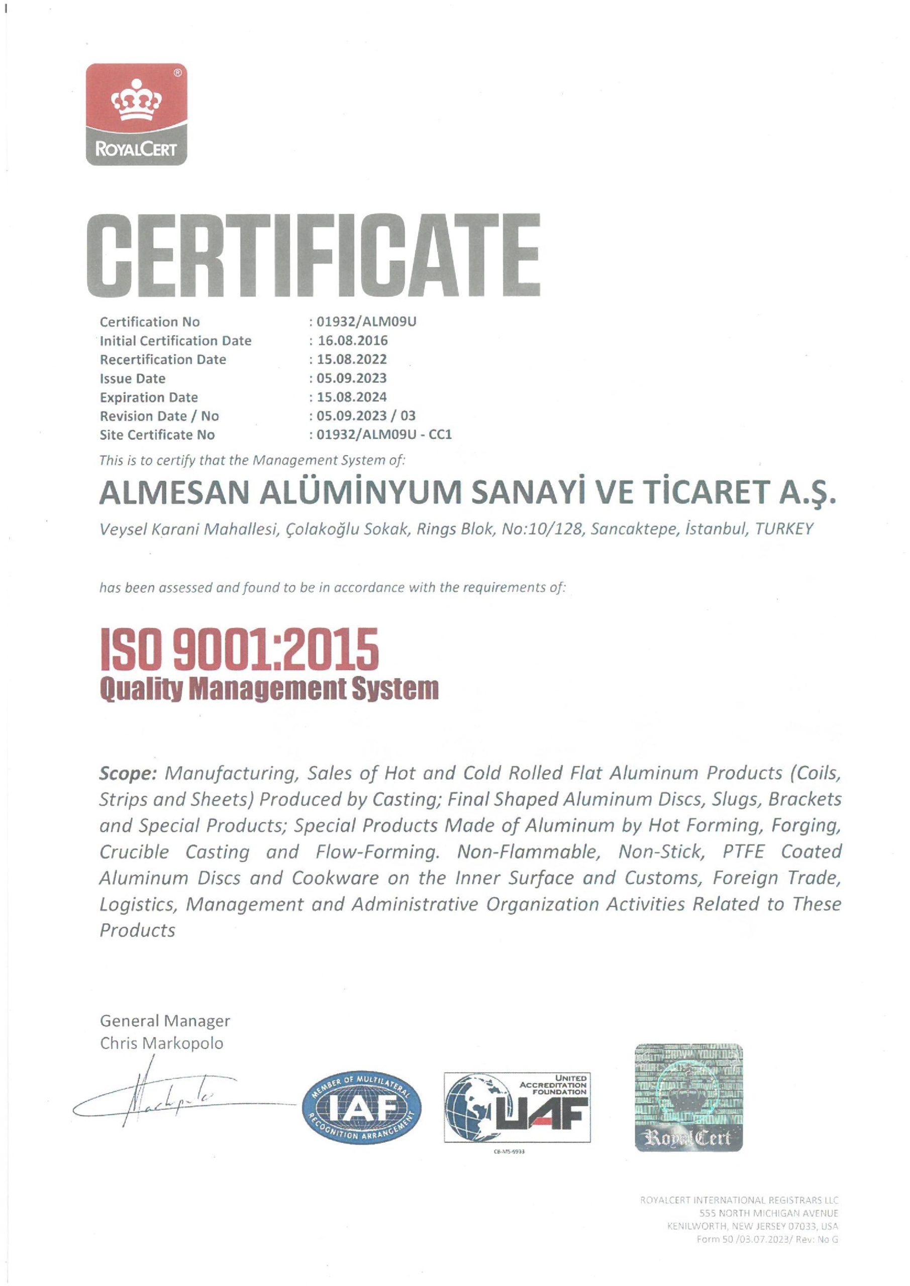 Certificates – Almesan Alüminyum